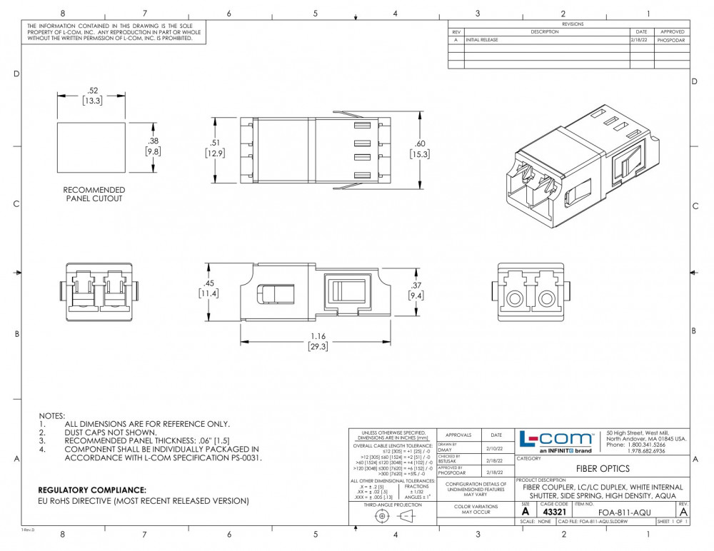 L-com FOA-811-AQU mechanical drawing and recommended panel cutout