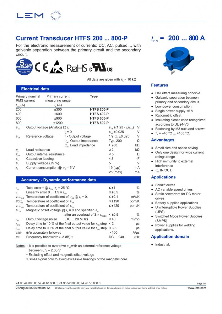LEM HTFS 400-P datasheet page 1