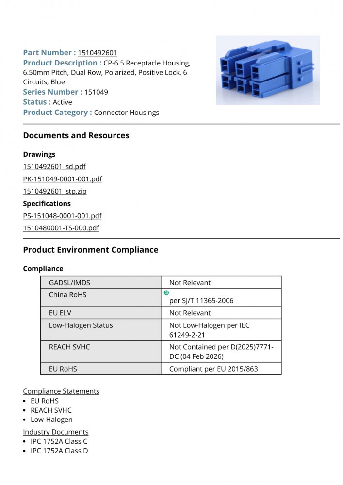 Molex CP 6.5 mm connector specification, page 1