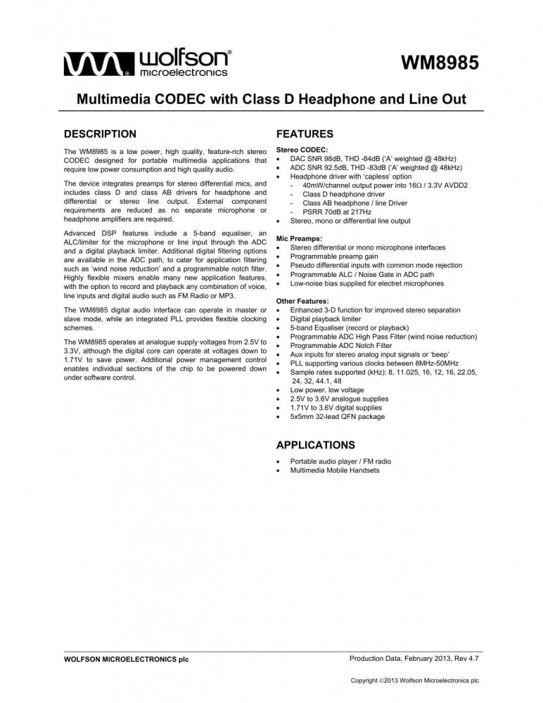 WM8985 datasheet page 1