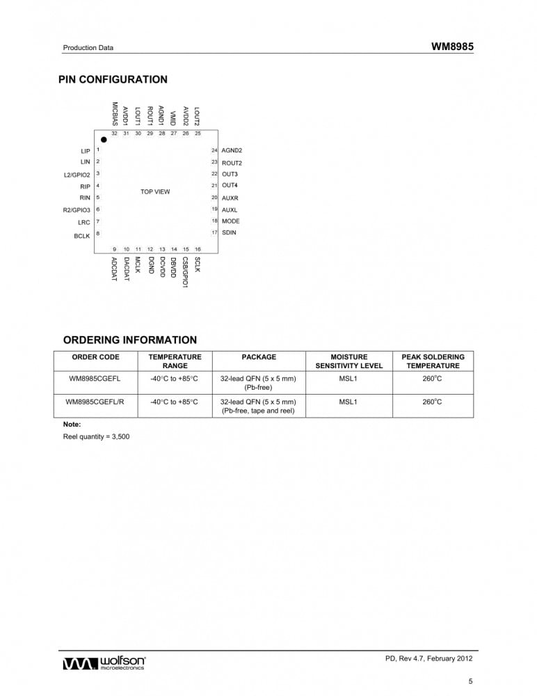 WM8985 datasheet page 5
