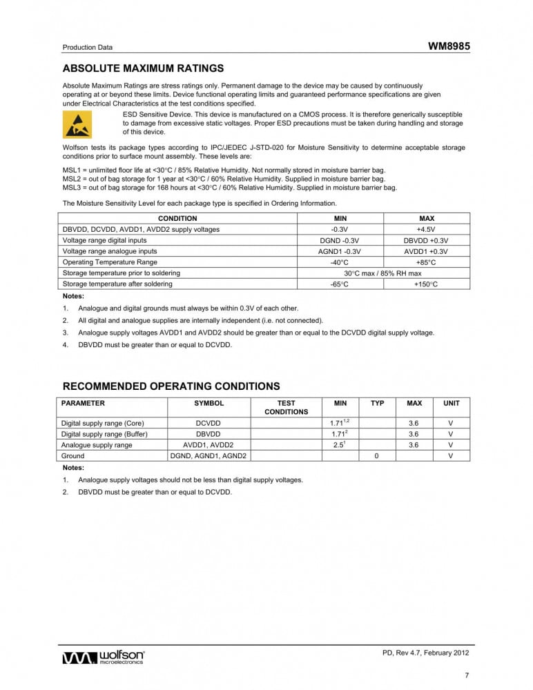 WM8985 datasheet page 7