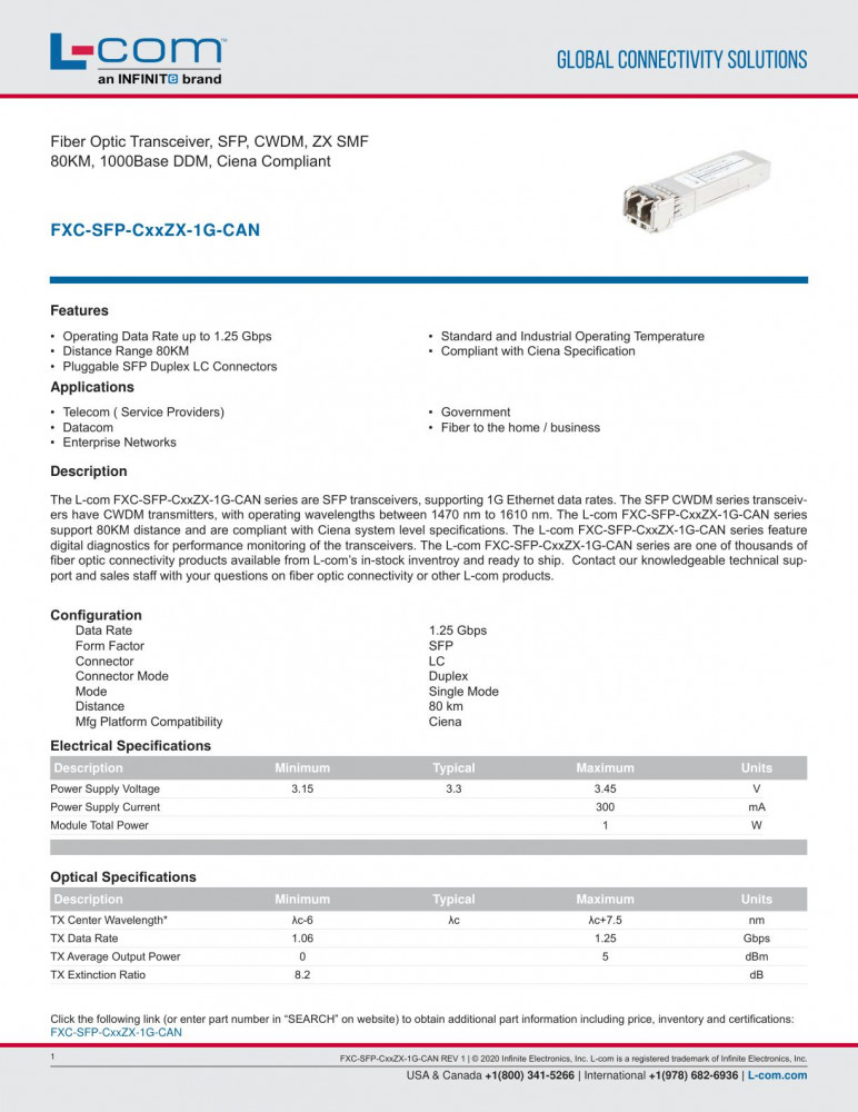 FXC-SFP-C55ZX-1G-CAN datasheet page 1