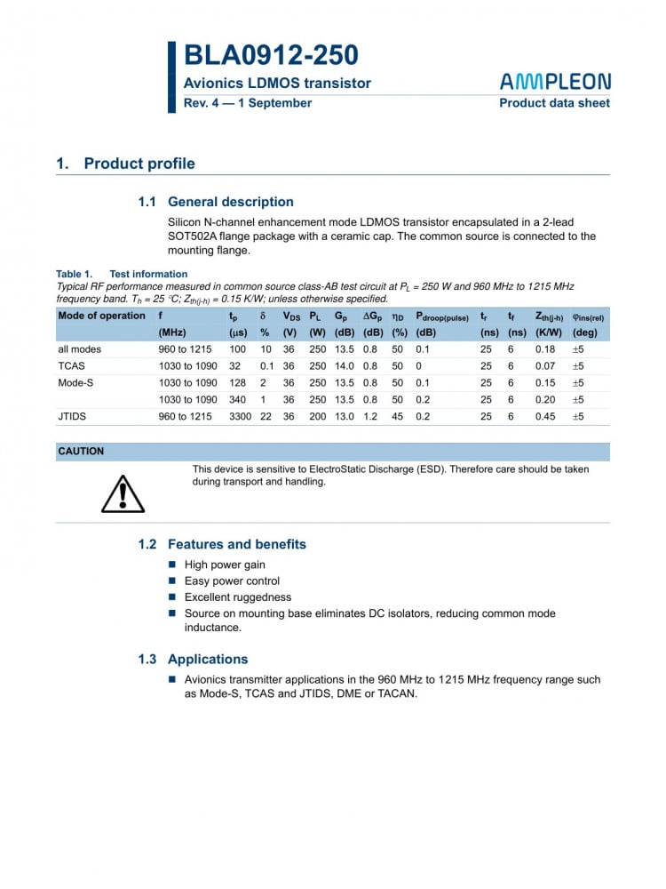 BLA0912-250 datasheet page 1