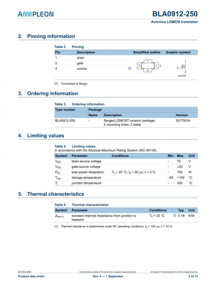 BLA0912-250 datasheet page 2