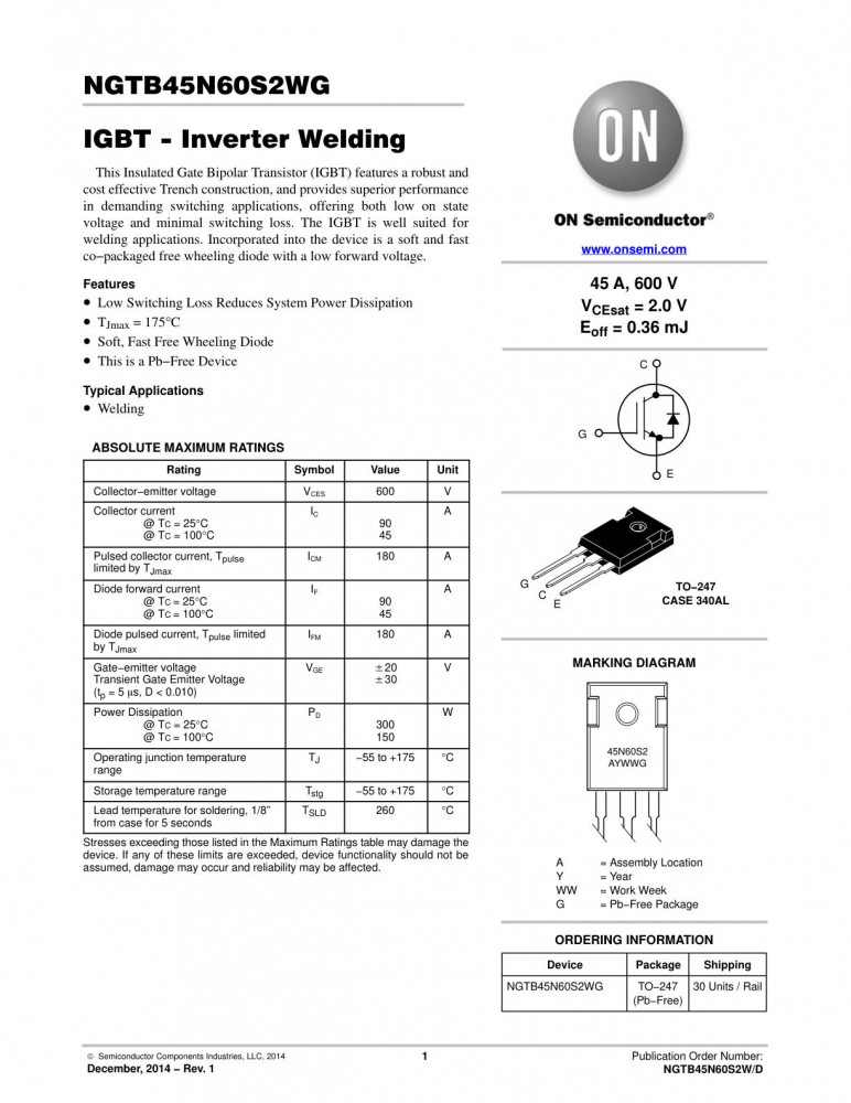 NGTB45N60S2WG datasheet page 1