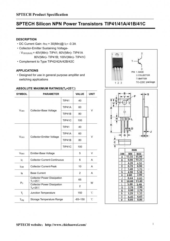 SPTECH TIP41C datasheet page 1