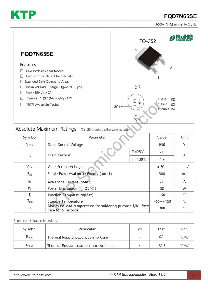 FQD7N65SE datasheet page 1
