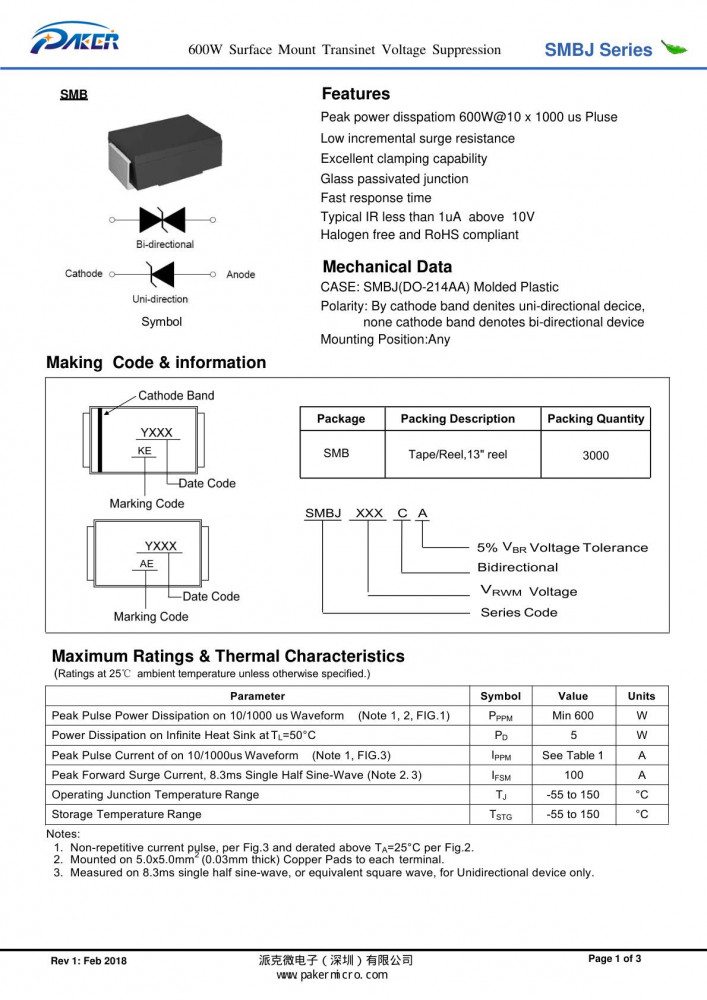 PAKER SMBJ series datasheet page 1