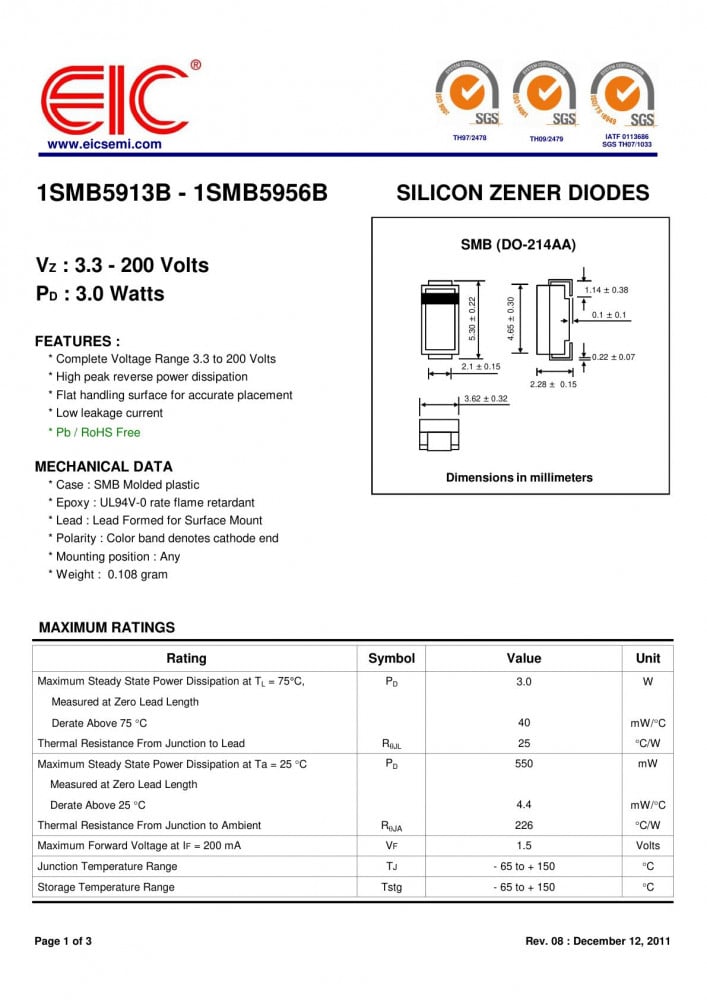 EIC 1SMB5927B datasheet page 1