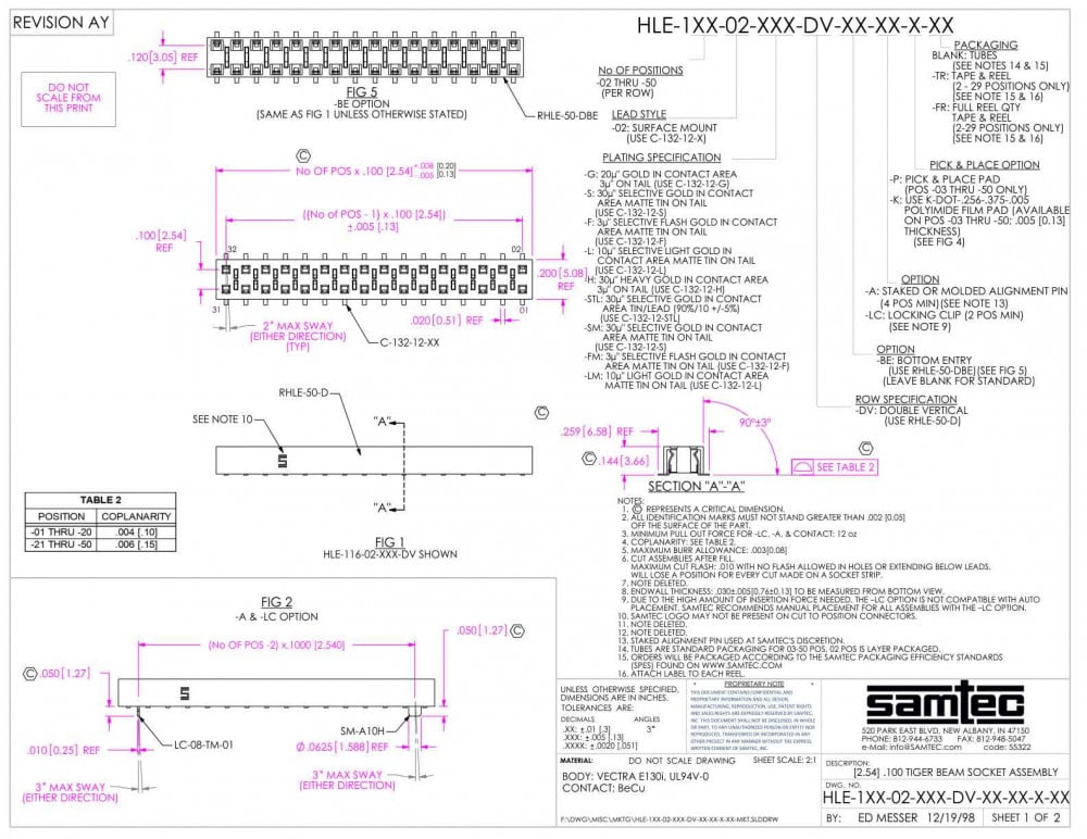 Samtec HLE-102-02-F-DV-BE-TR technical drawing page 1