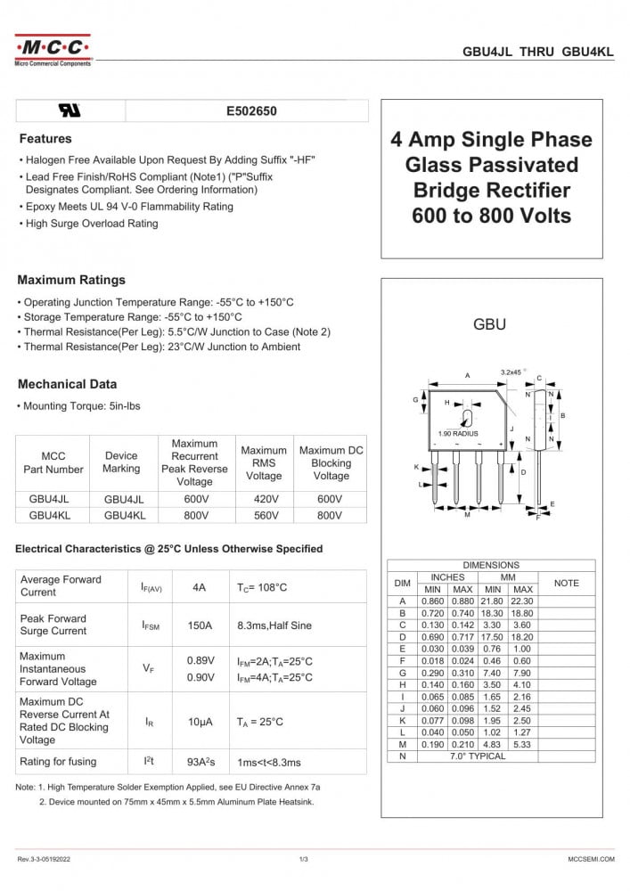 GBU4JL-BP datasheet page 1