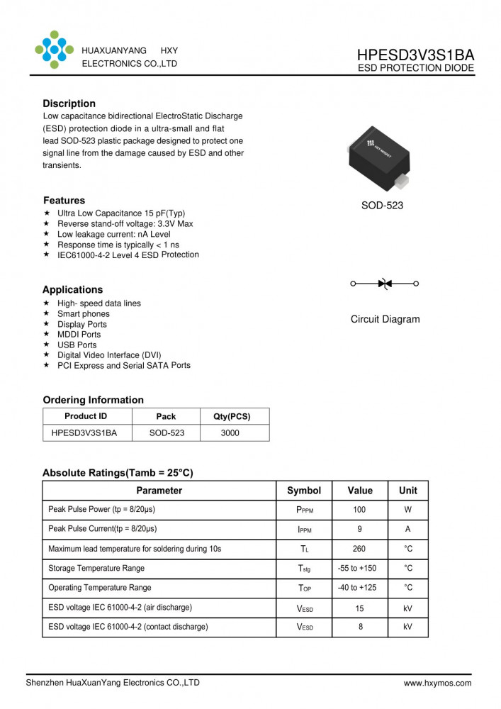 HPESD3V3S1BA datasheet page 1