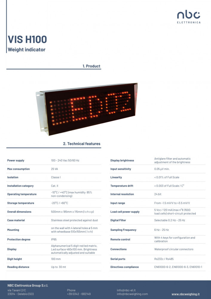 VIS H100 weight indicator documentation page 1