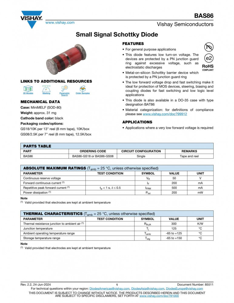 BAS86-GS datasheet page 1