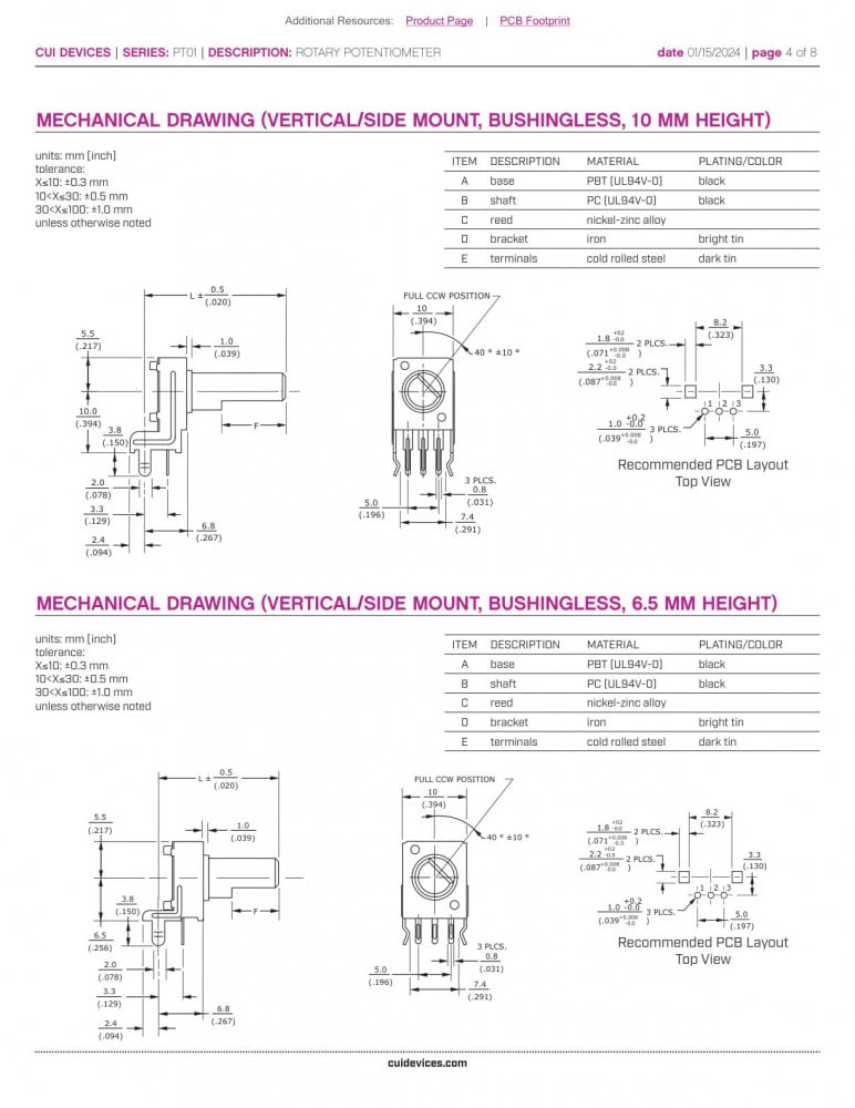 CUI PT01 datasheet page 4