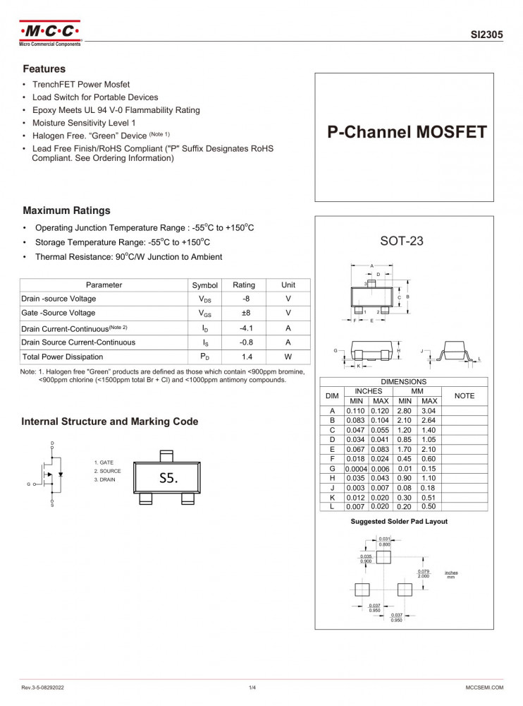 SI2305-TP datasheet page 1