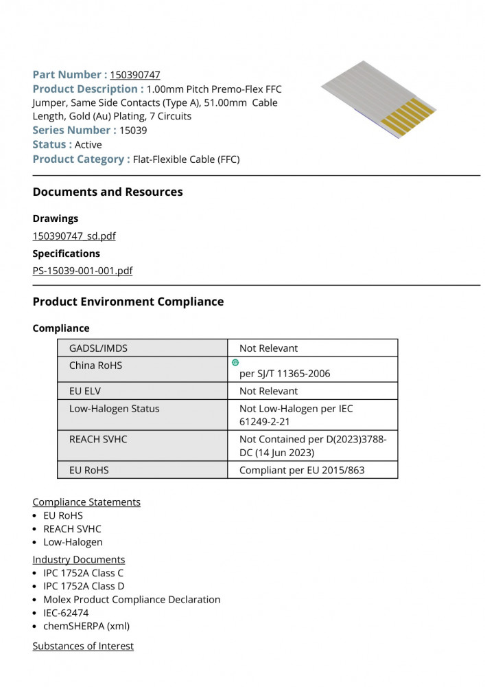 Molex 1.00 mm pitch FFC family specification, page 1