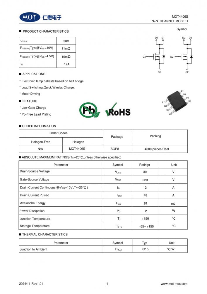 MOT4406S datasheet page 1
