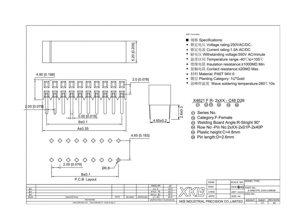 XKB X4621FR-2x04-C48D26 PCB layout drawing