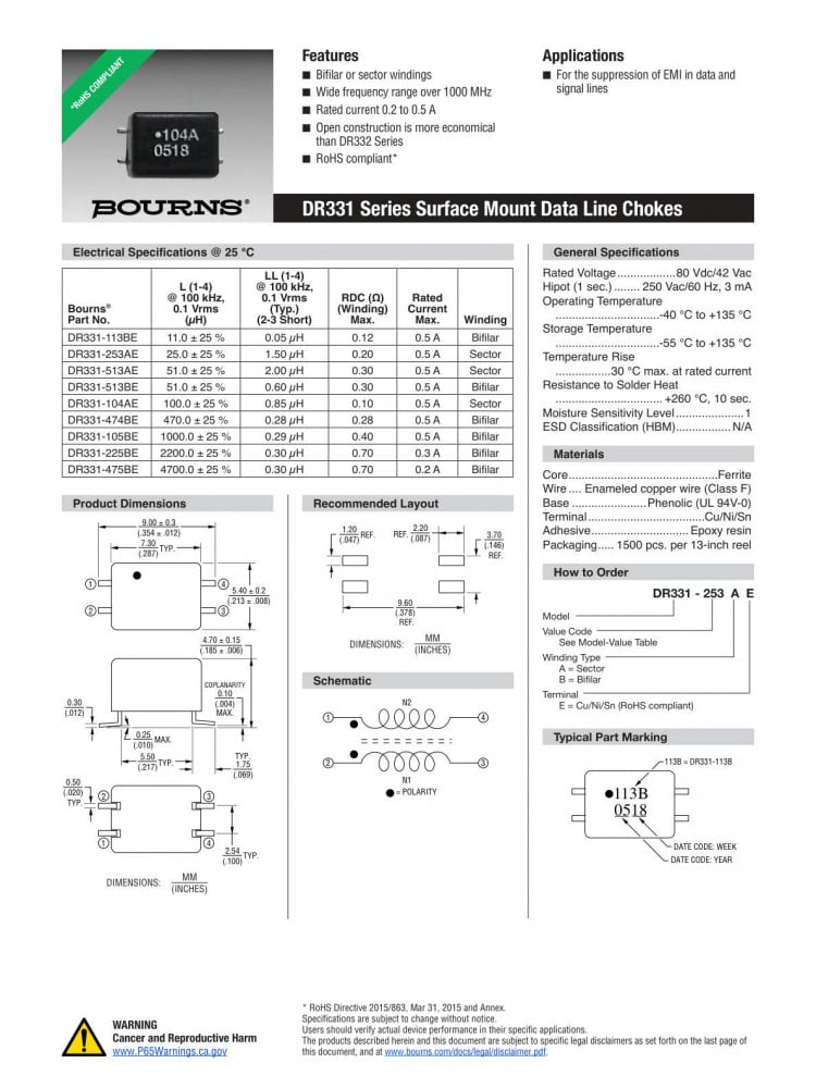 BOURNS DR331-105BE datasheet page 1