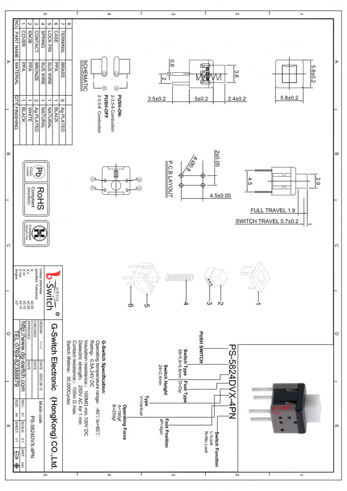 PS-5824DVA-4PN product drawing and material table