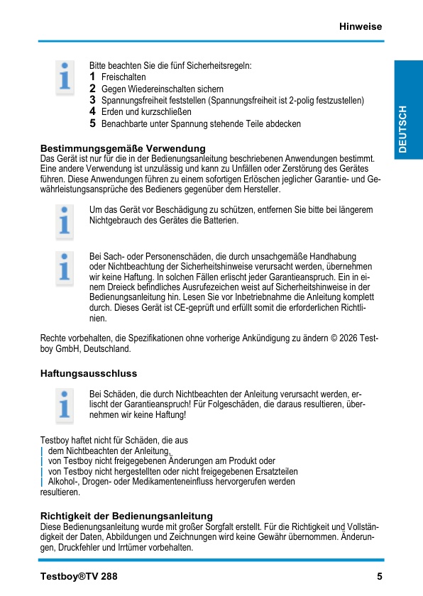 TESTBOY TV 288 manual page 5