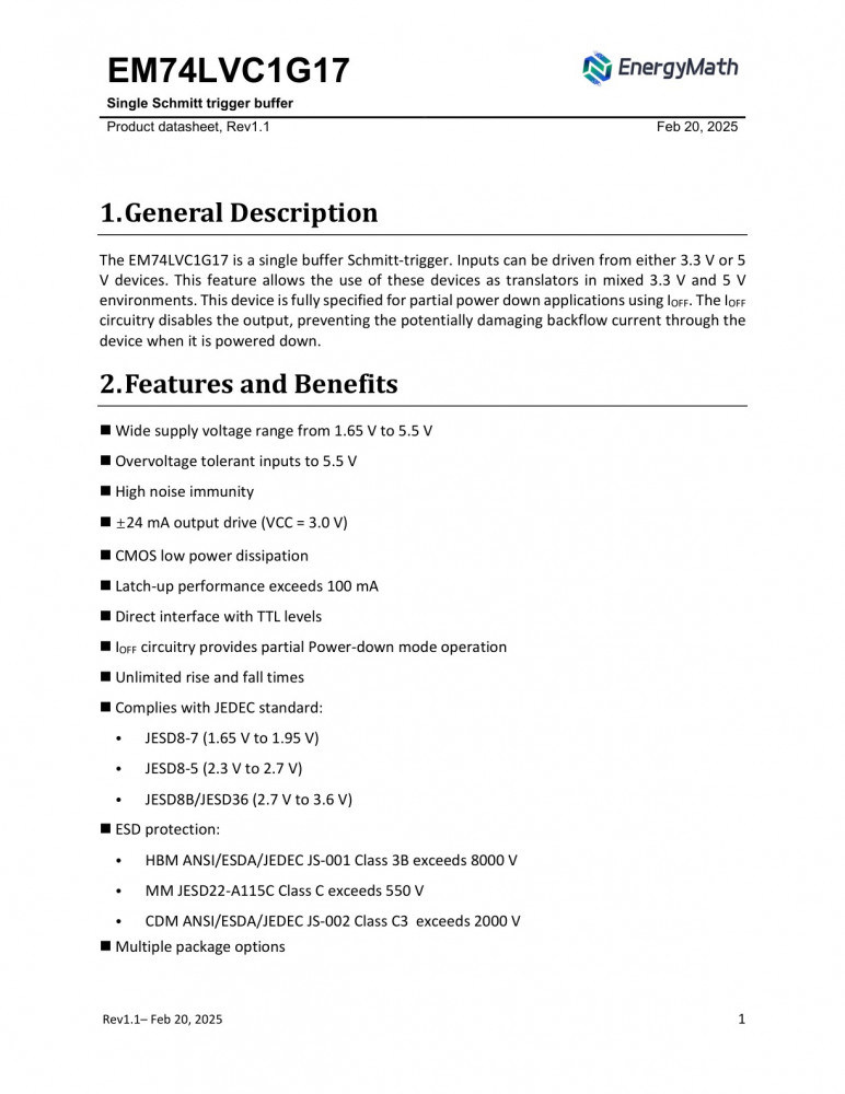 EM74LVC1G17GS datasheet page 1