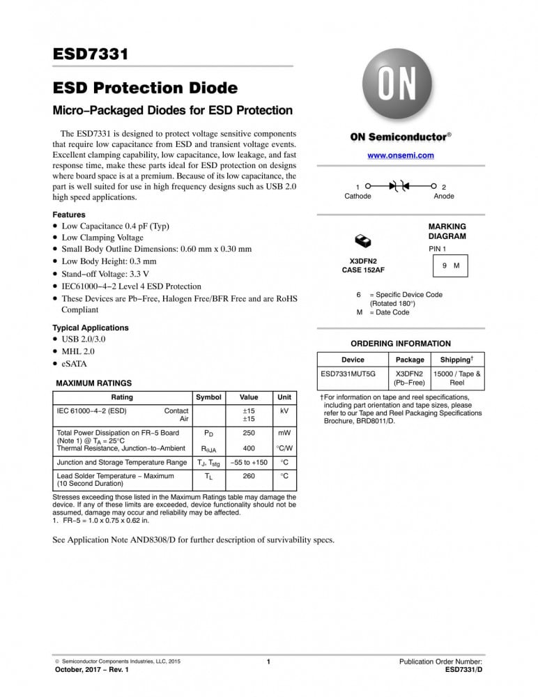 ESD7331MUT5G datasheet page 1