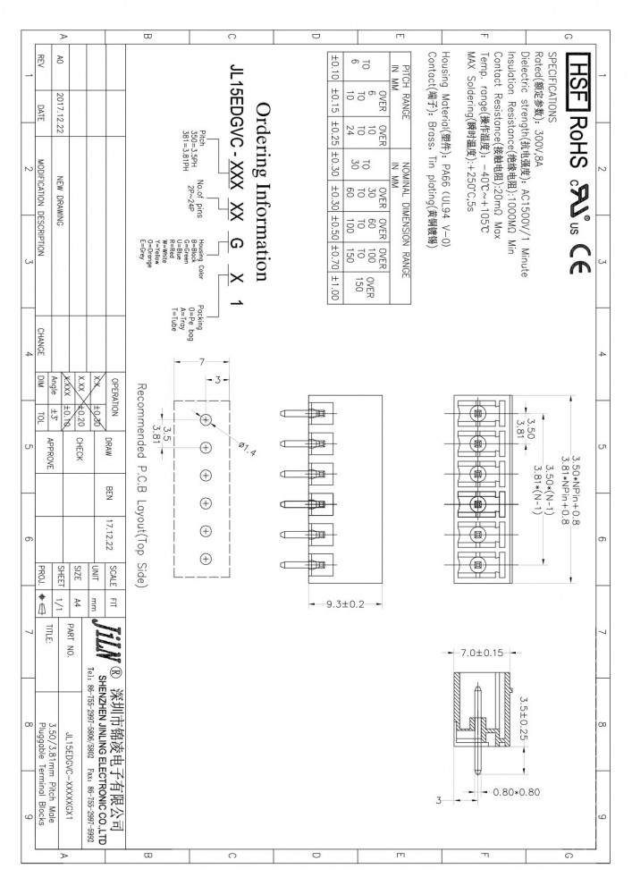 JILN JL15EDGVC terminal block technical drawing