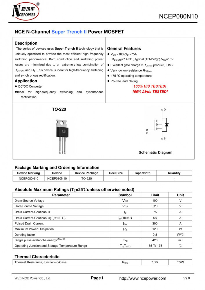NCEP080N10 datasheet page 1