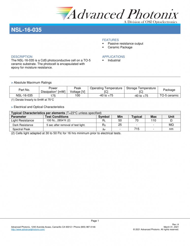 NSL-16-035 product documentation page 1