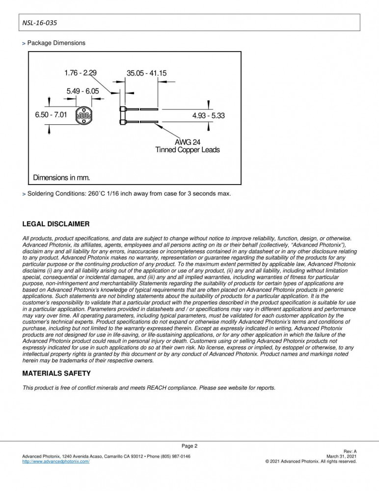NSL-16-035 product documentation page 2