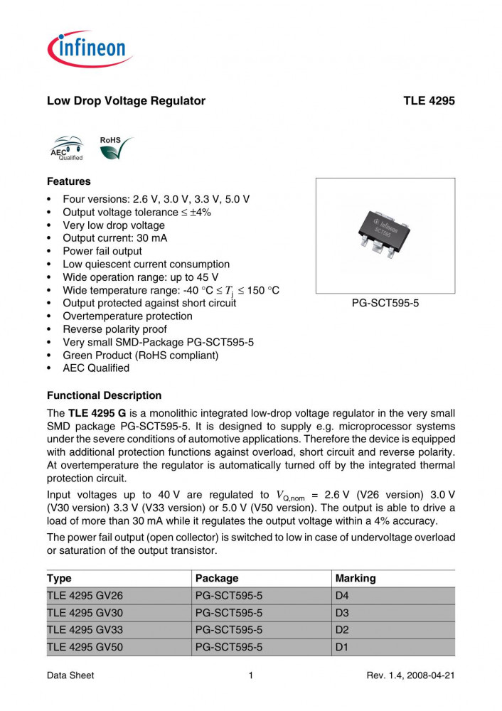 TLE4295G V50 datasheet page 1