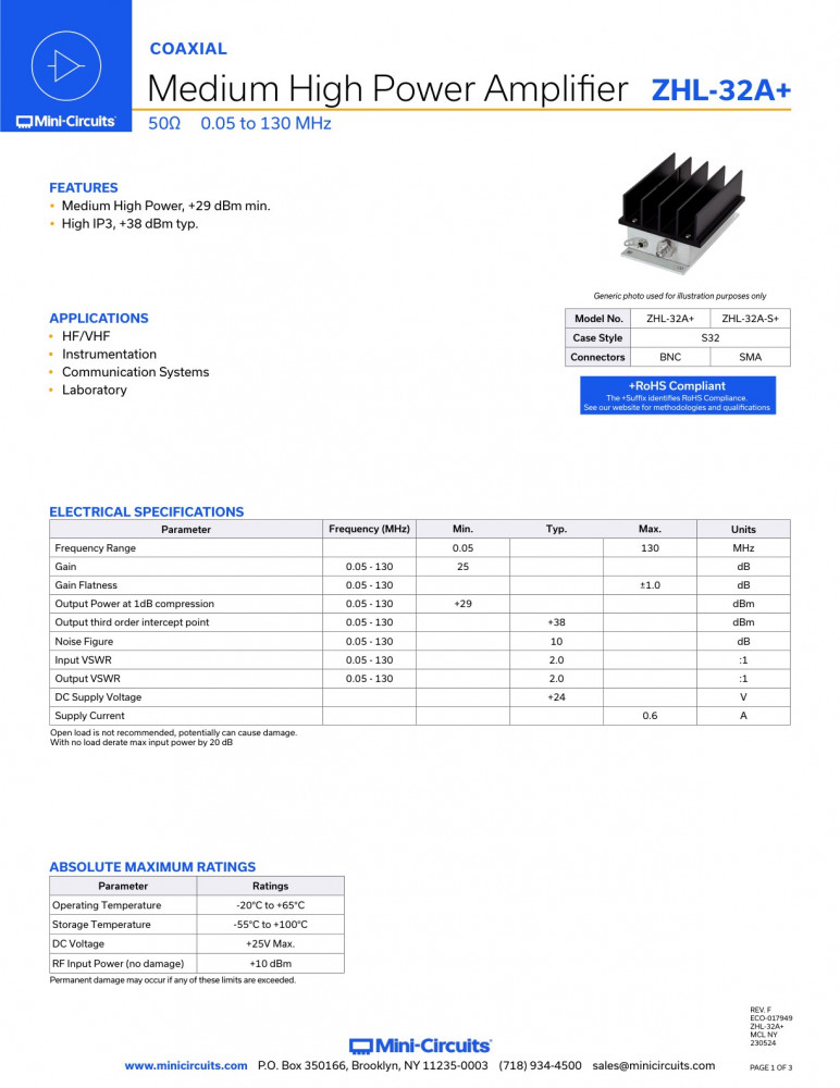 ZHL-32A-S+ technical document page 1