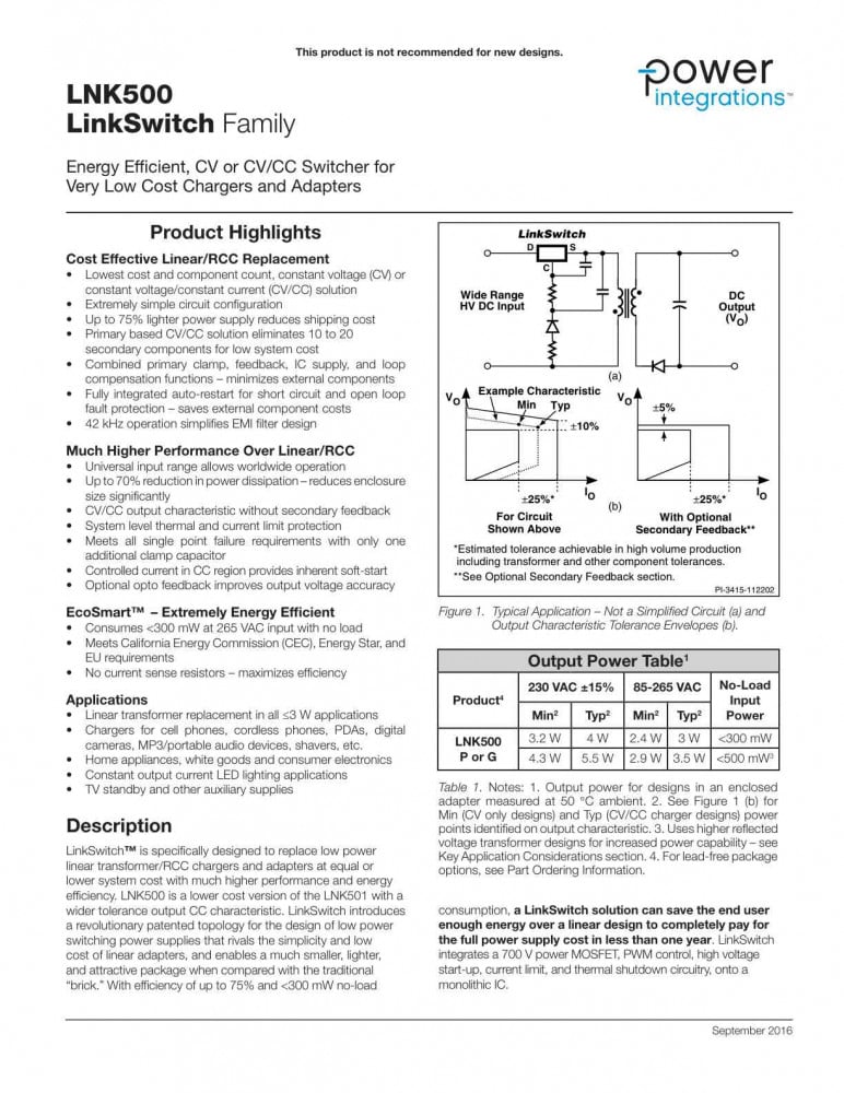 LNK500PN technical document page 1