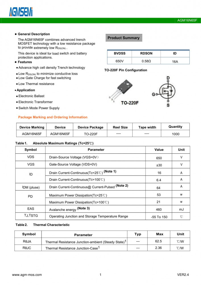 AGM16N65F datasheet page 1