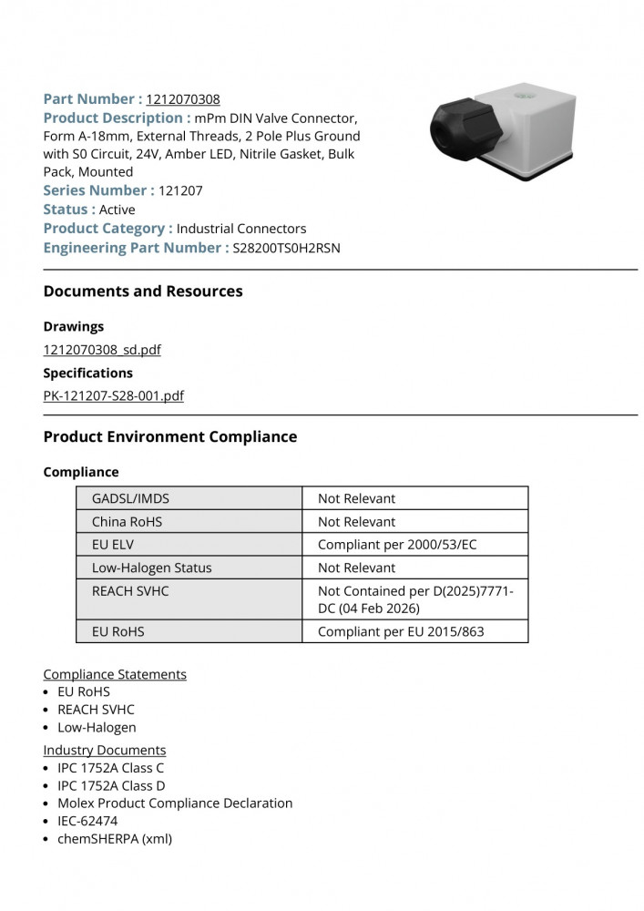 Molex S28 DIN valve connector packaging specification, page image 1