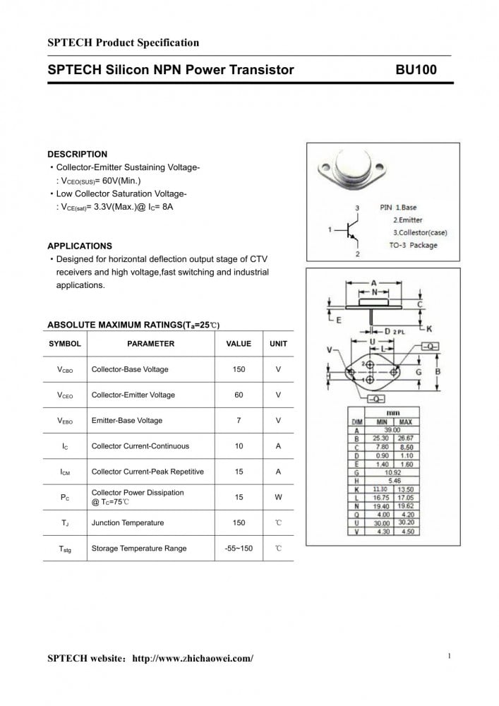 SPTECH BU100 datasheet page 1
