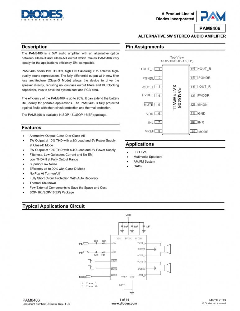 PAM8406ER datasheet page 1