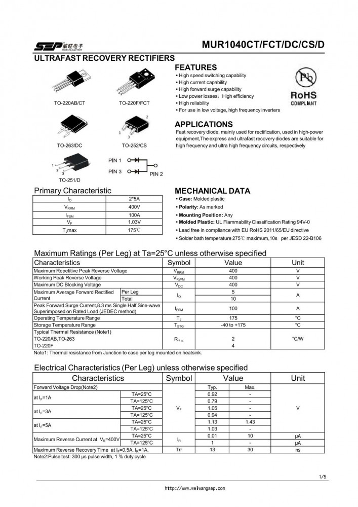 MUR1040FCT datasheet page 1