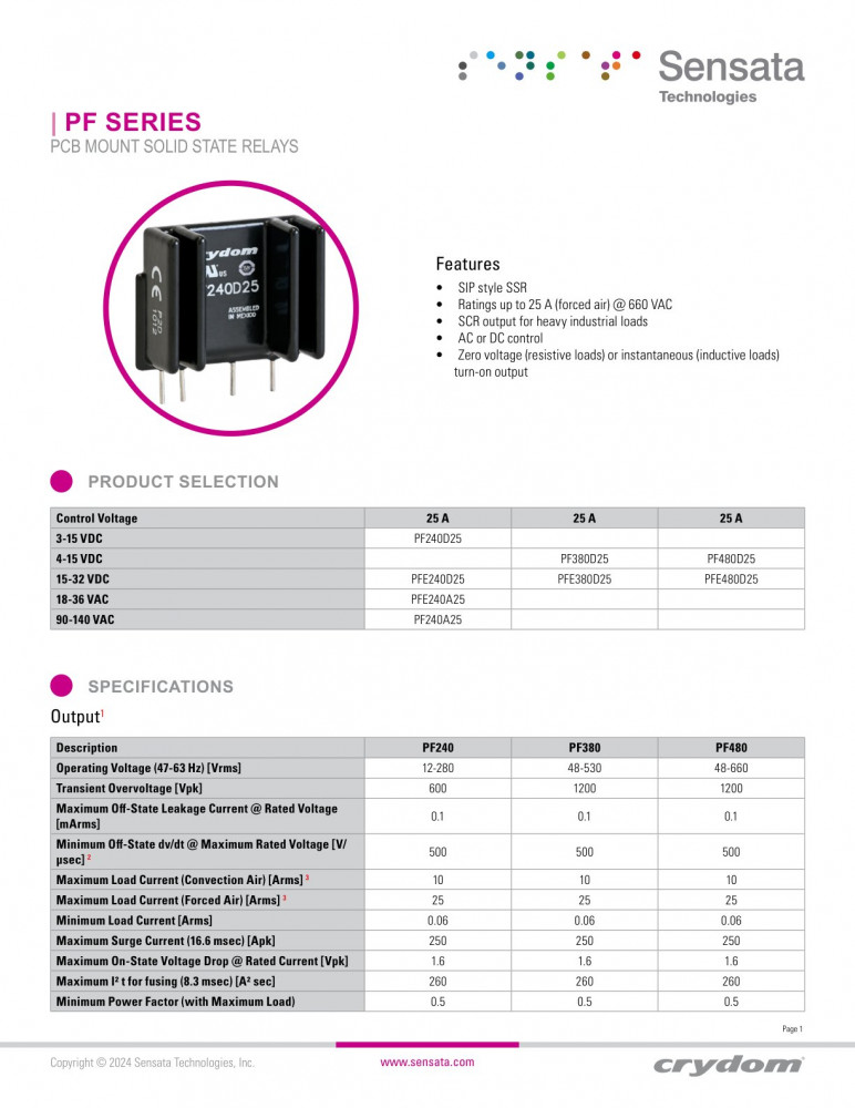 PF series solid state relay datasheet page 1