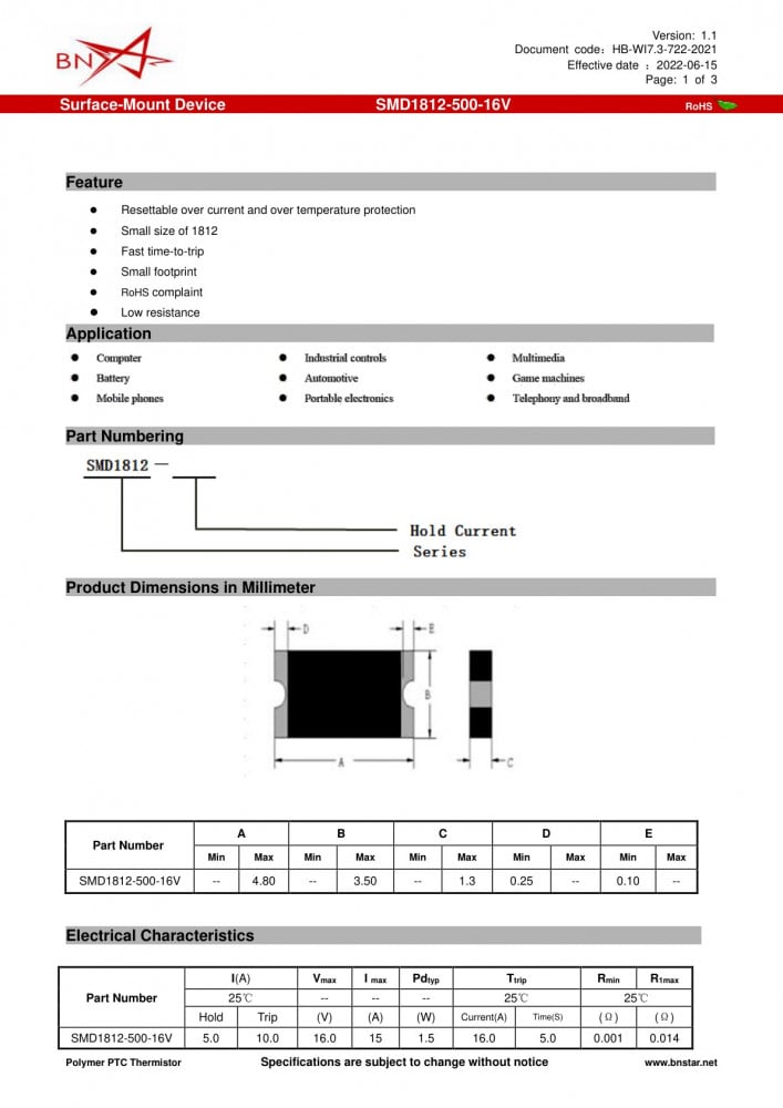 BNstar SMD1812-500-16V datasheet page 1