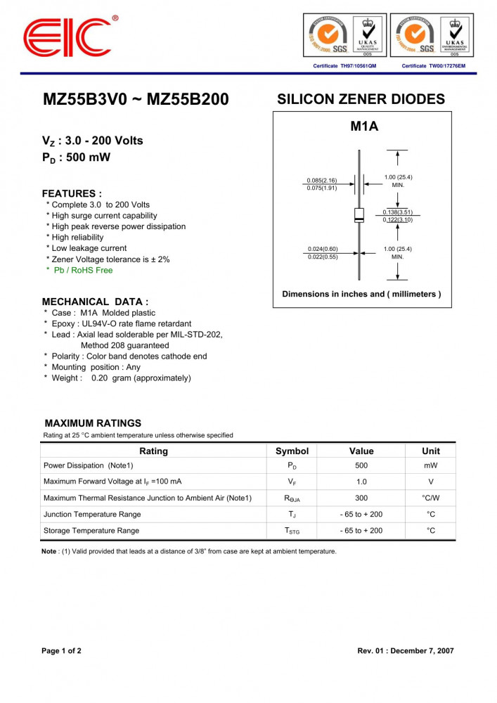 EIC MZ55B200 datasheet page 1