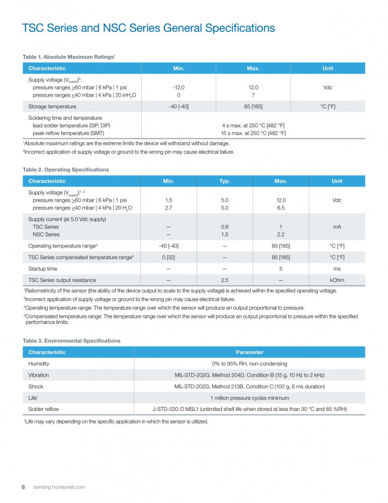 Honeywell TruStability pressure sensor document page 6