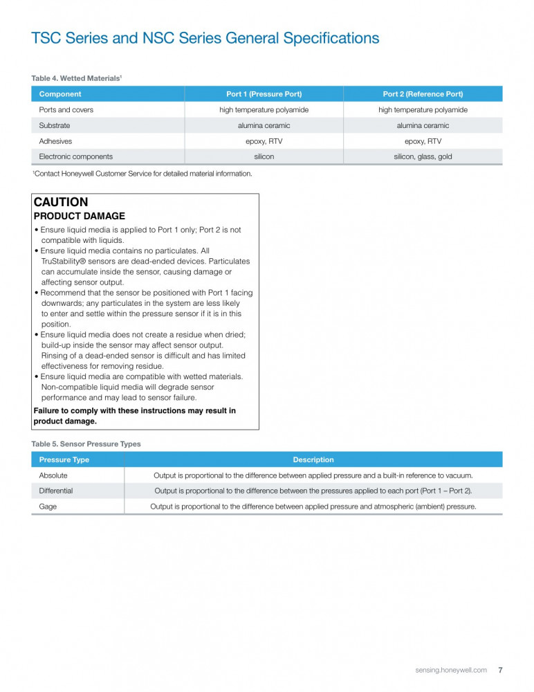 Honeywell TruStability pressure sensor document page 7