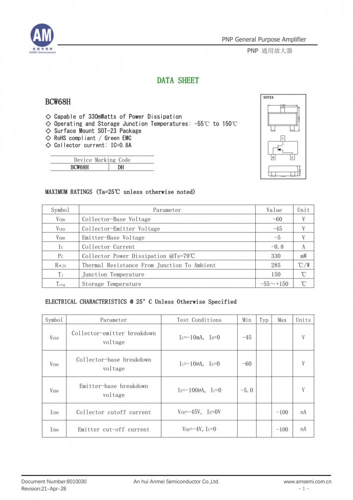 BCW68H datasheet page 1