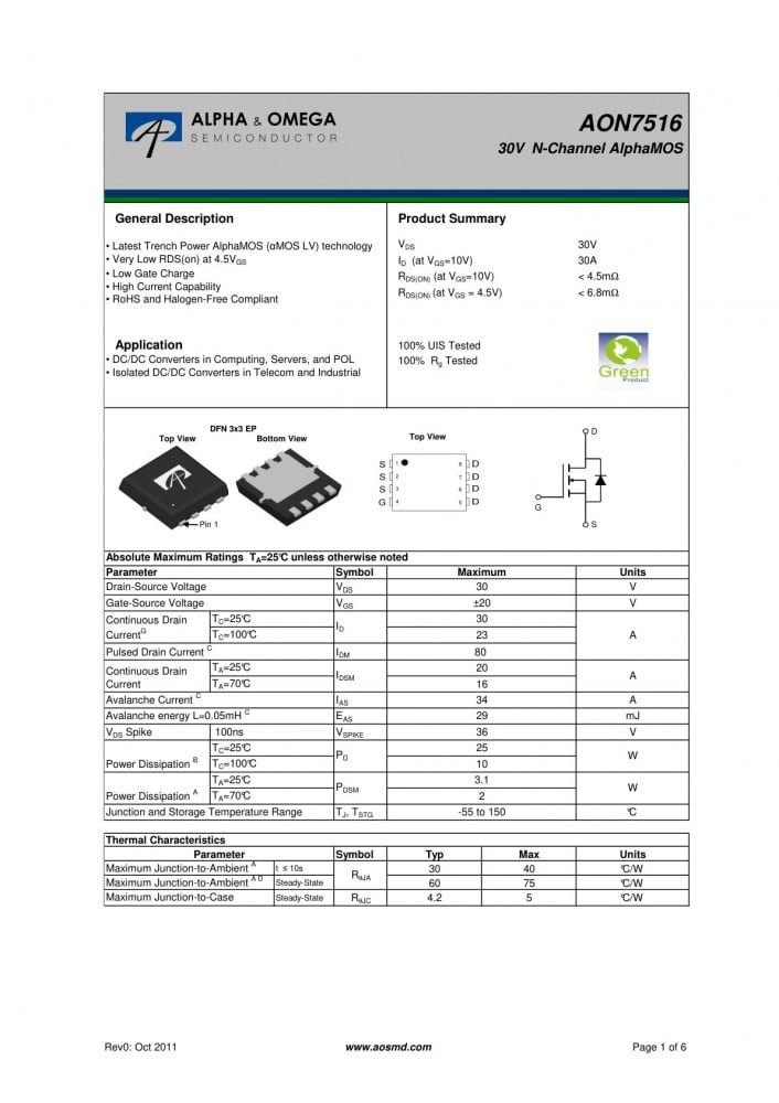 AON7516 datasheet page 1