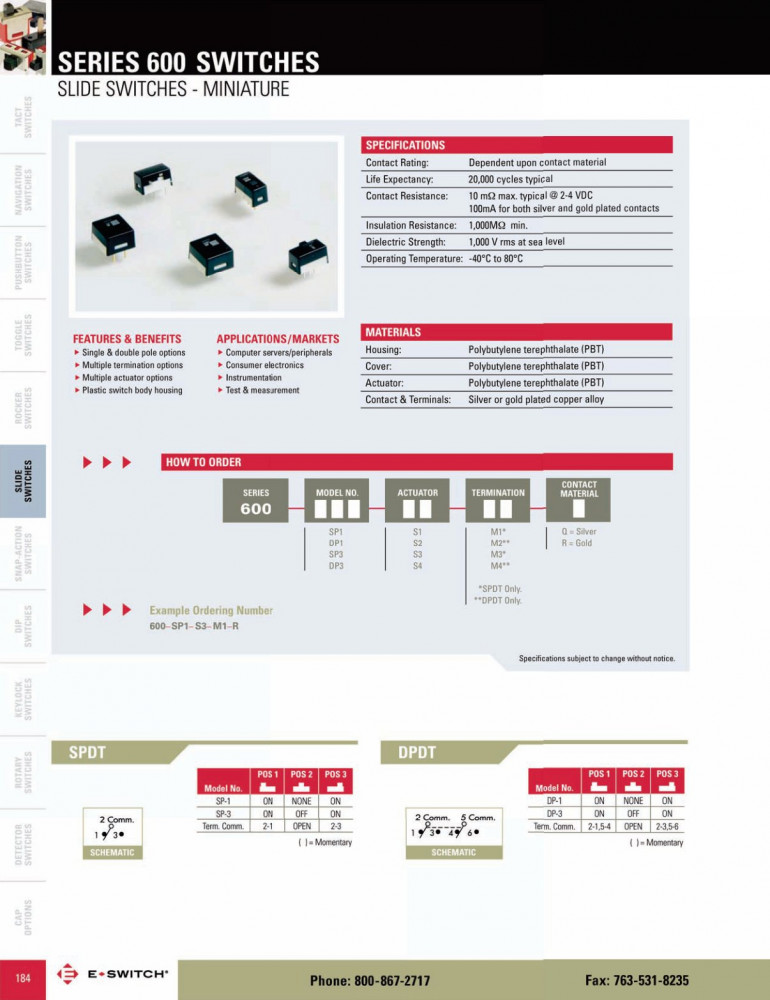 E-Switch 600 Series slide switch technical document page 1