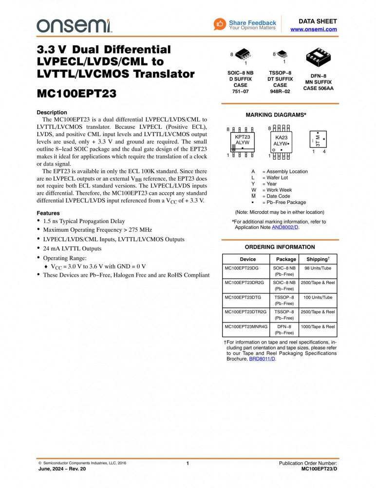 MC100EPT23 datasheet page 1